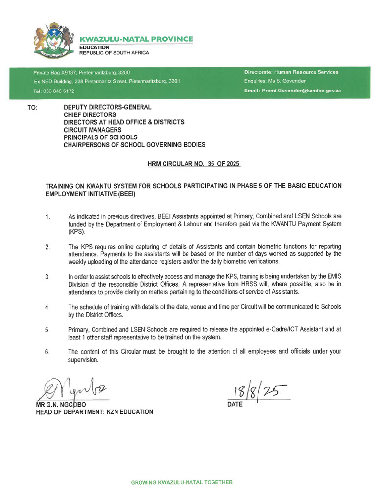 HRM Circular No. 35 of 2025 Training of Schools On Kwantu For Beei | PDF