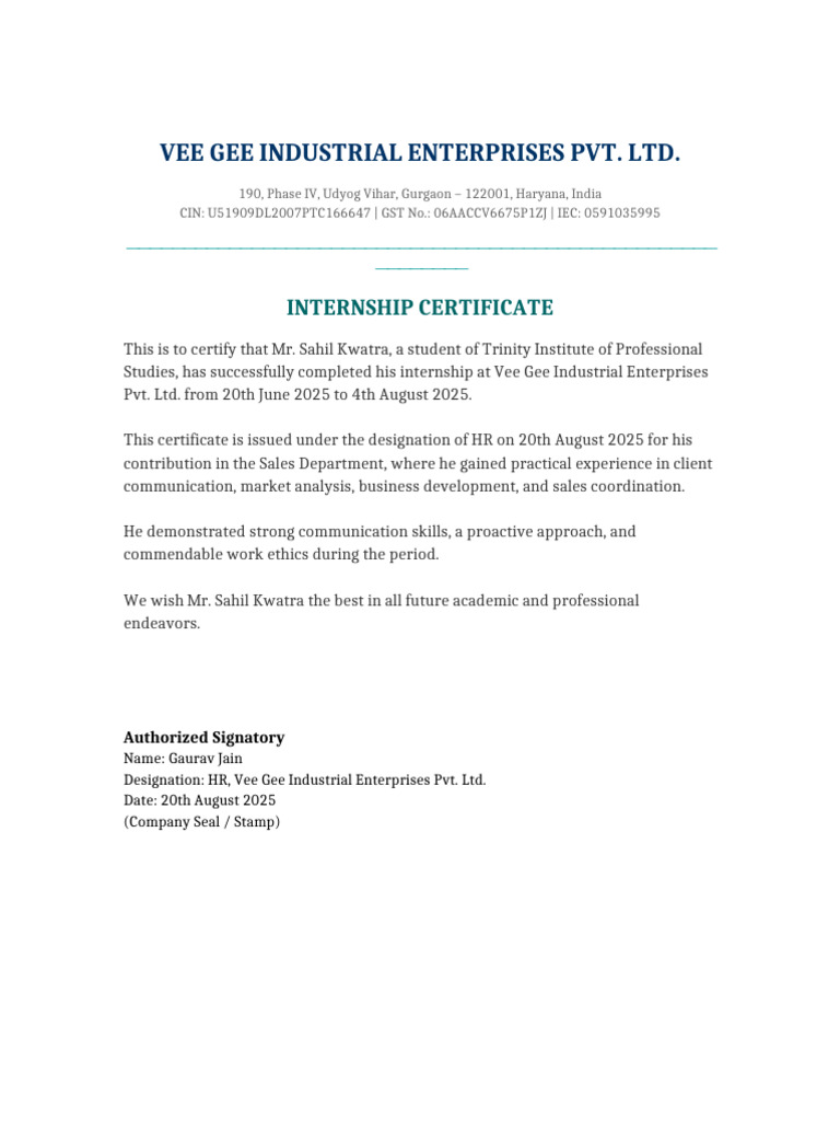 Internship Certificate Sahil Kwatra Colour | PDF