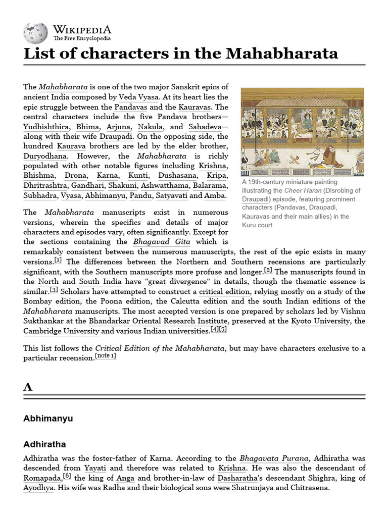 Key Characters in the Mahabharata | PDF | Mahabharata | Vaishnava Texts