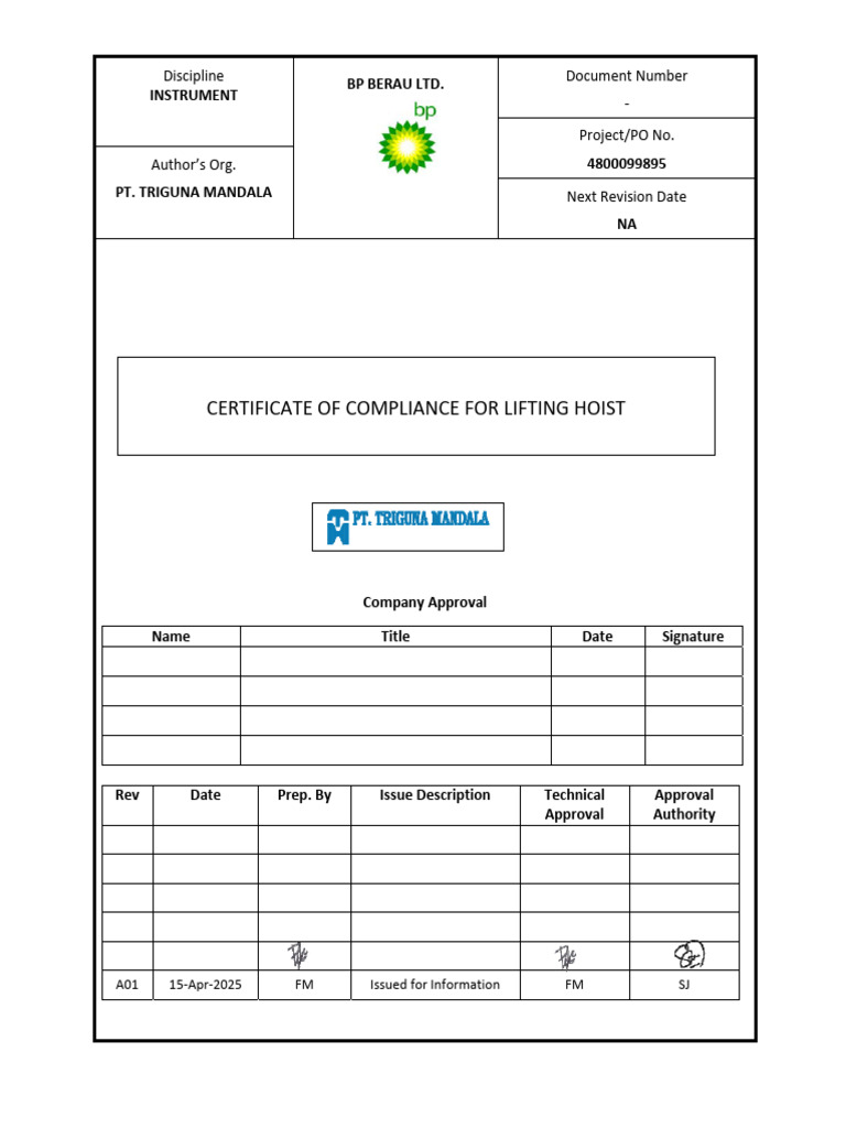 Certificate of Compliance for Lifting Hoist | PDF