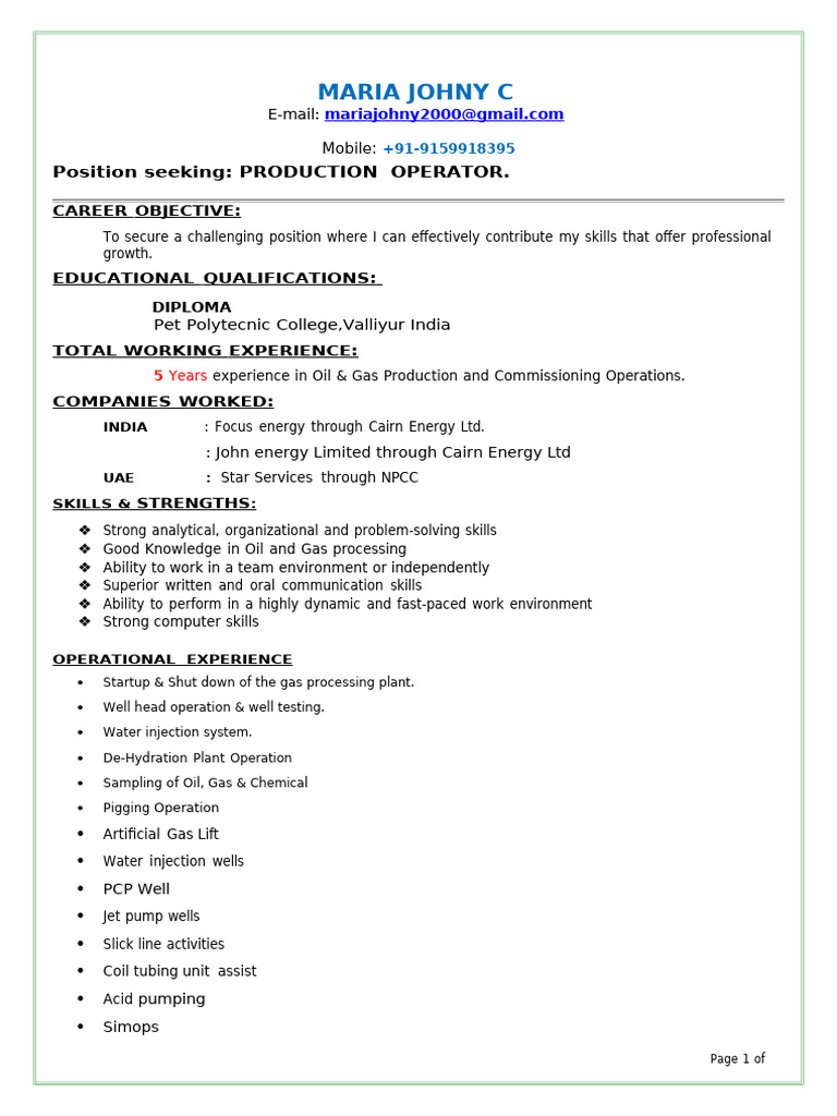 Maria Johny - Production Operator - Resume | PDF | Pump | Valve