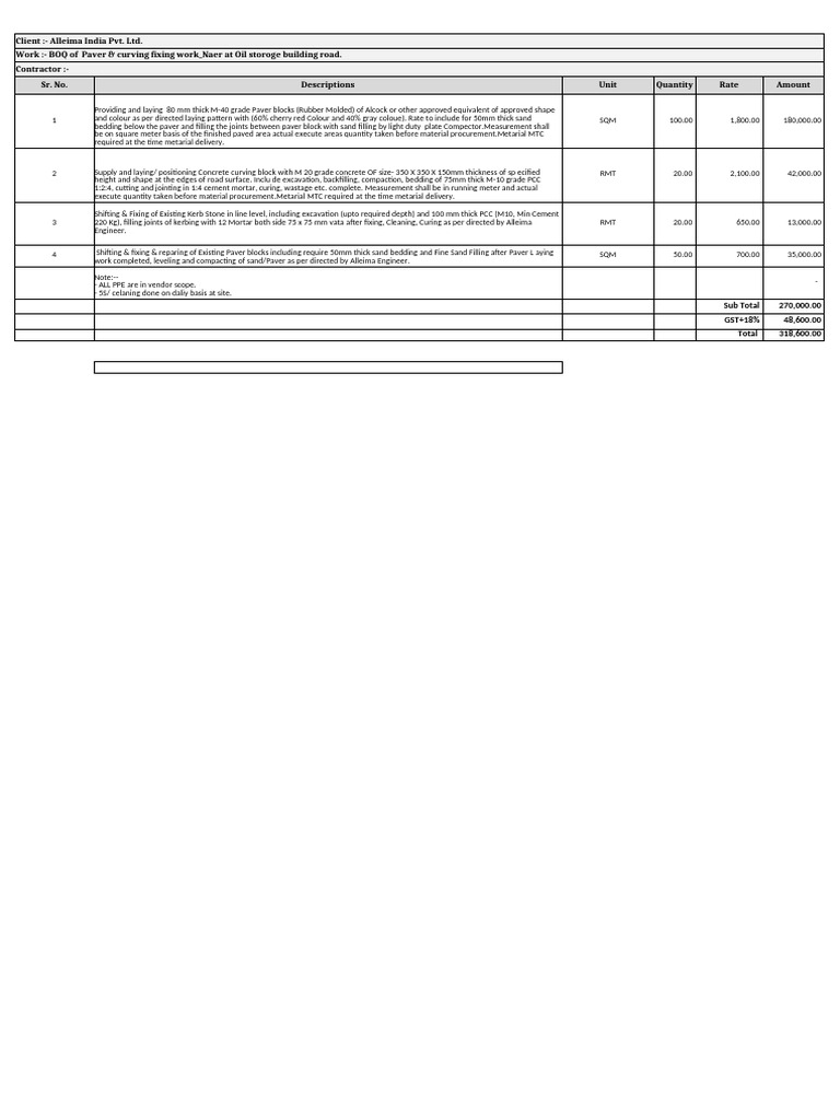 BOQ - Paver & Curving Fixing Work For Oil Storegae Building Road. | PDF ...