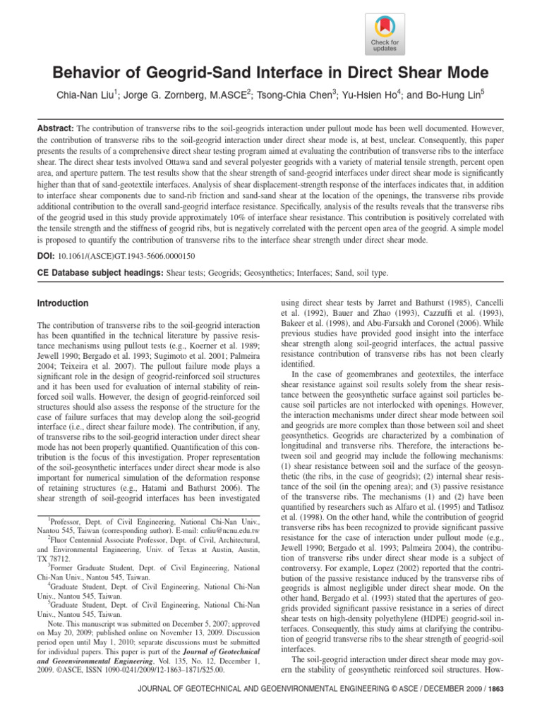 Ho Et Al 2009 Behavior of Geogrid Sand Interface in Direct Shear Mode ...