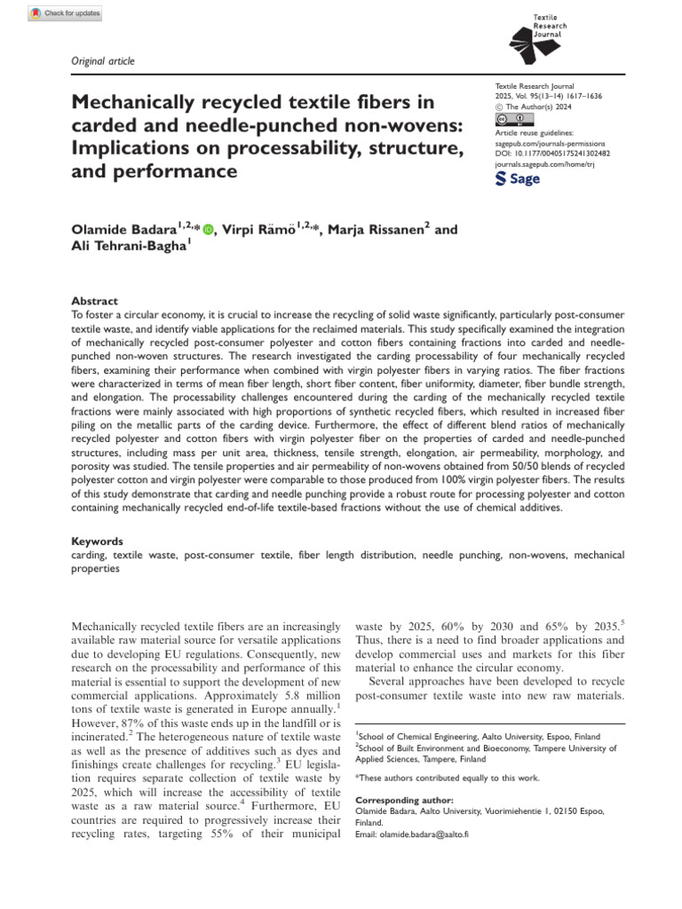 Recycled Textile Fibers in Non-Wovens | PDF | Textiles | Fibers