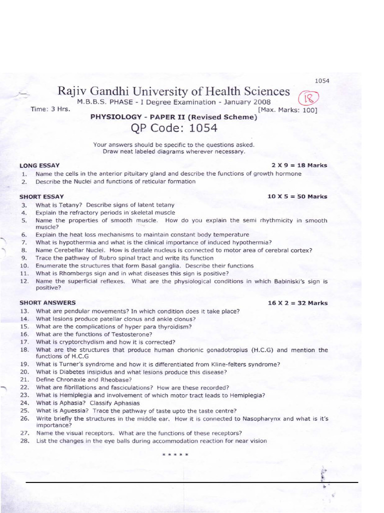 Mbbs - Rguhs - Physiology Paper II FR | PDF | Kidney | Physiology