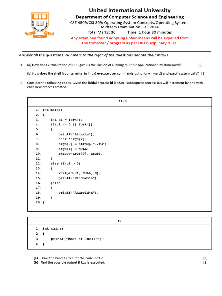 Operating Systems Midterm Exam Fall 2024 | PDF | Computer Programming ...