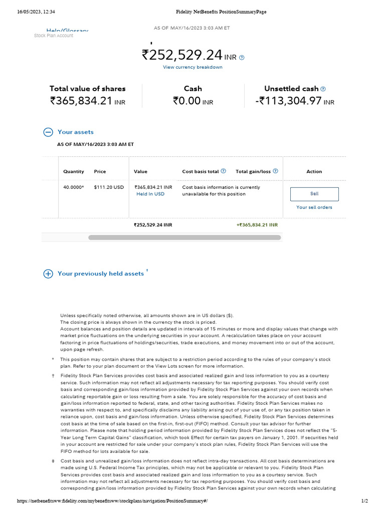 Fidelity NetBenefits Position Summary | PDF | Cost Basis | Stocks