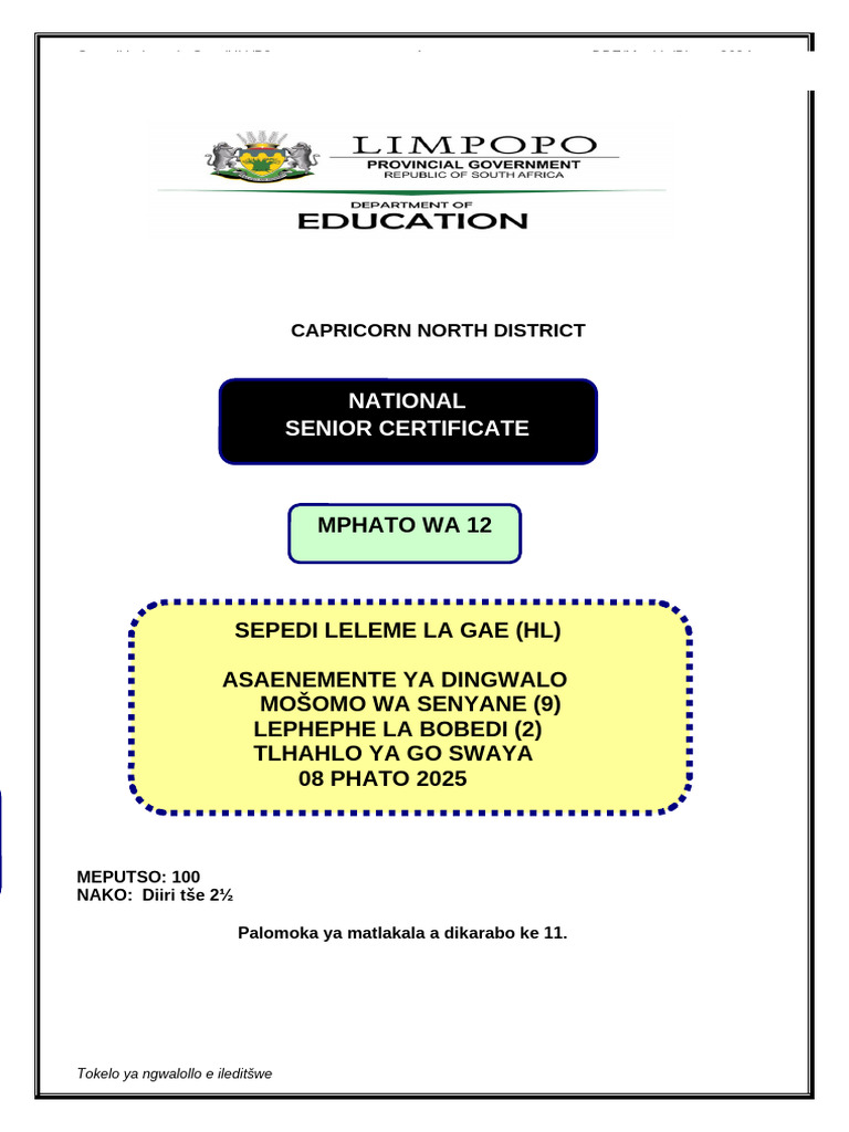 Sepedi HL p2 Grade 12 Task 9 Asaenemente Ya Dingwalo 2025 MG - 061955 | PDF