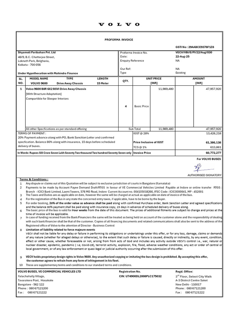 Volvo 9600 B8R Proforma Invoice | PDF