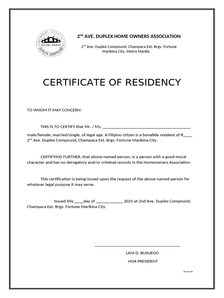 HOA Residency and Clearance Certificates | PDF | Real Estate | Condominium