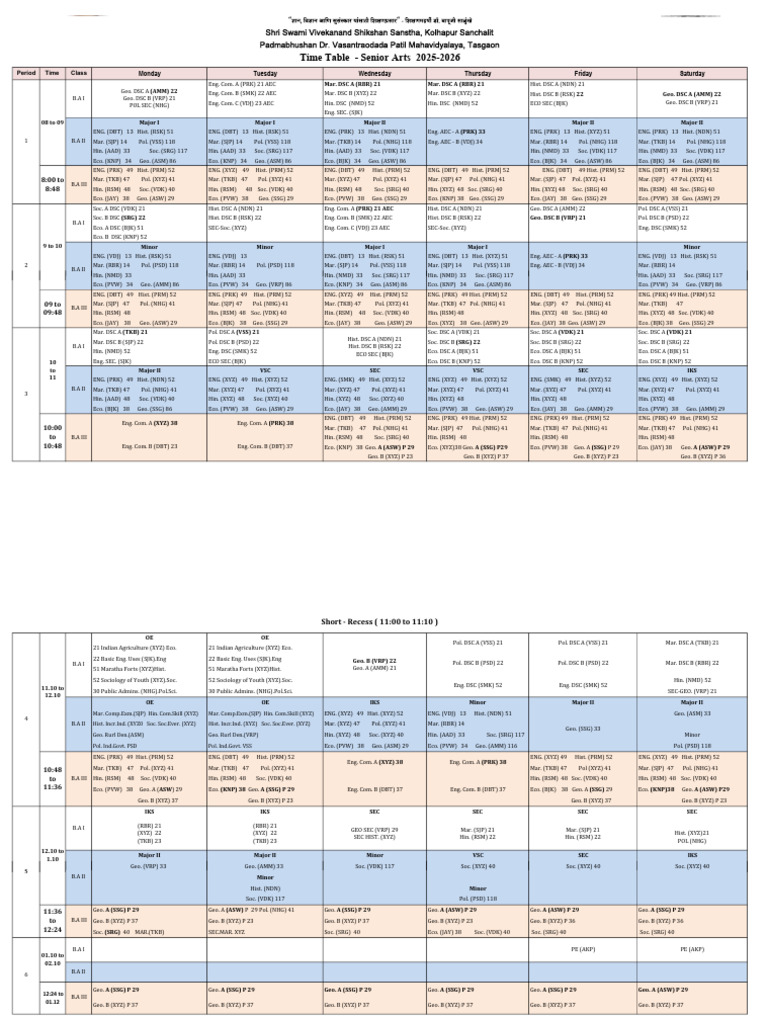 Senior Arts Time Table 2025-2026 | PDF