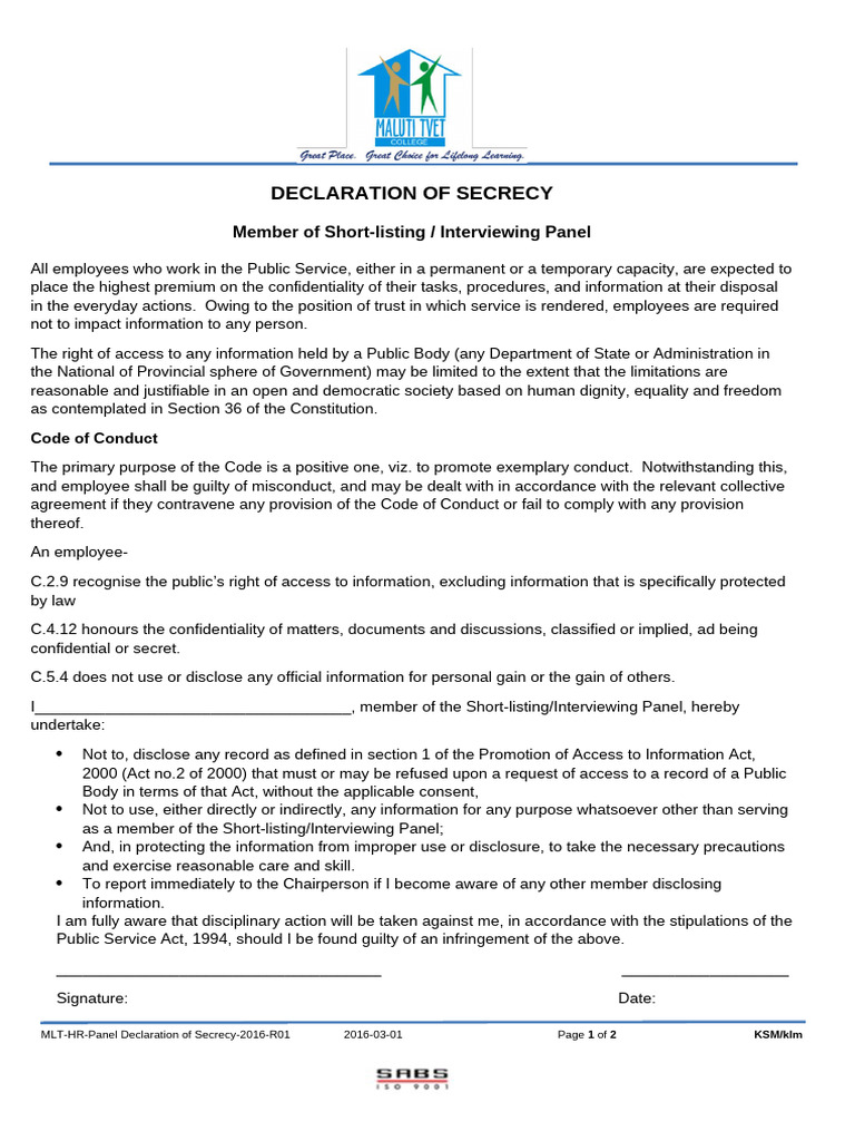 Declaration of Secrecy for Panel Members | PDF | Freedom Of Information ...