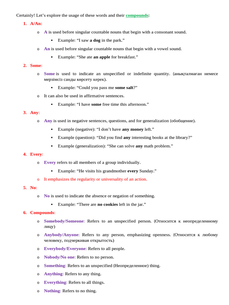 A, An Some, Any, No, Every and Compounds | PDF | Verb | Grammatical Tense