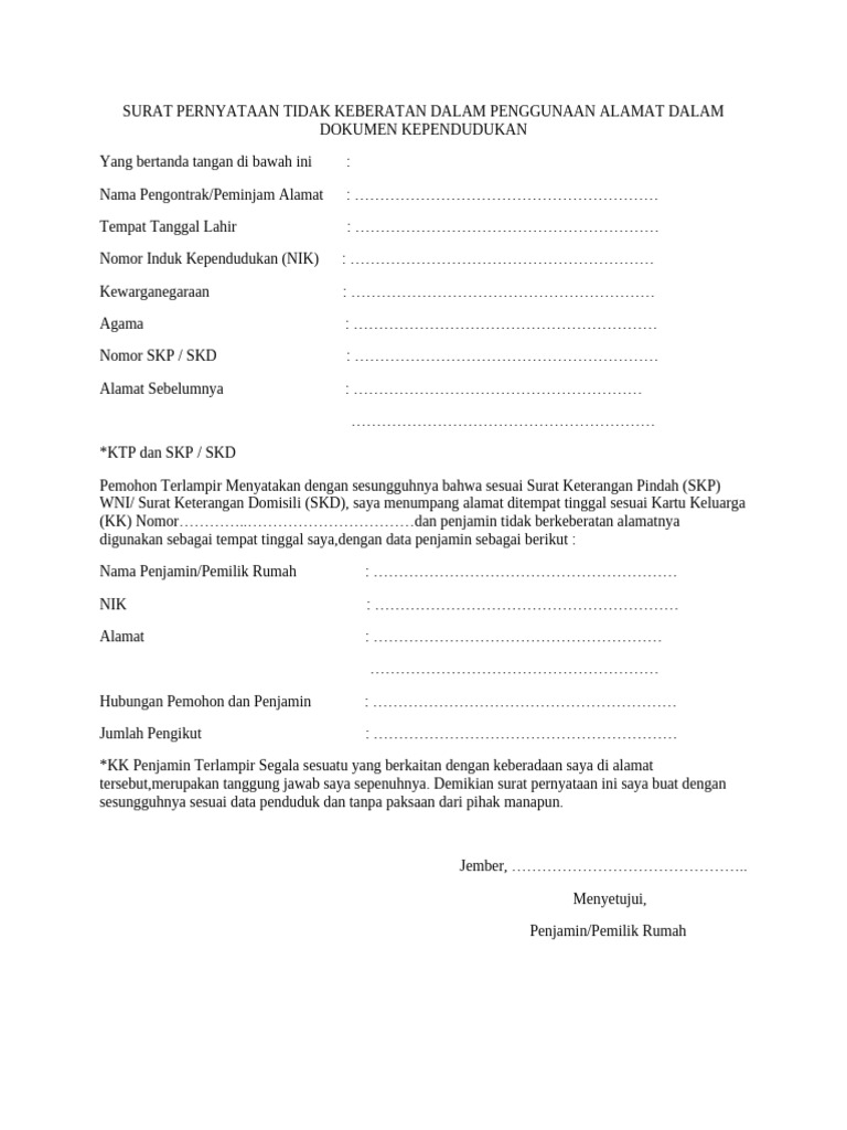 Surat Pernyataan Tidak Keberatan Dalam Penggunaan Alamat Dalam Dokumen ...