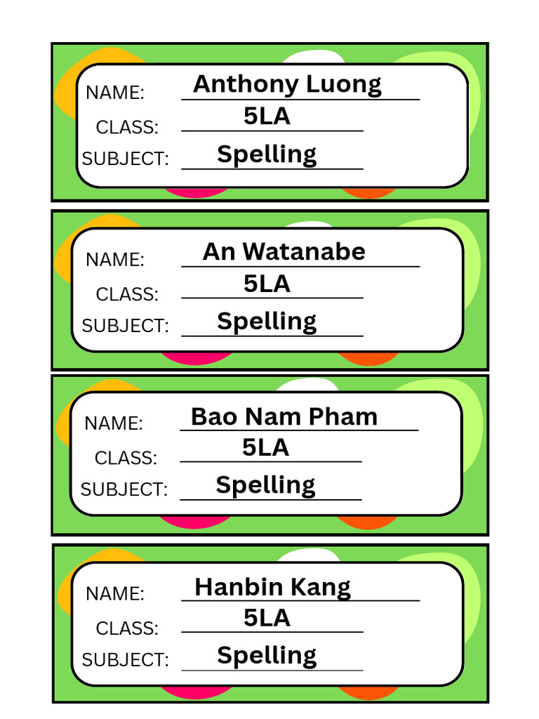 Spelling 5LA Name Labels | PDF