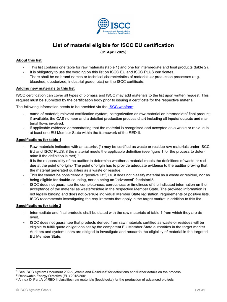 ISCC EU Material List 2025 | PDF | Waste | Cereals