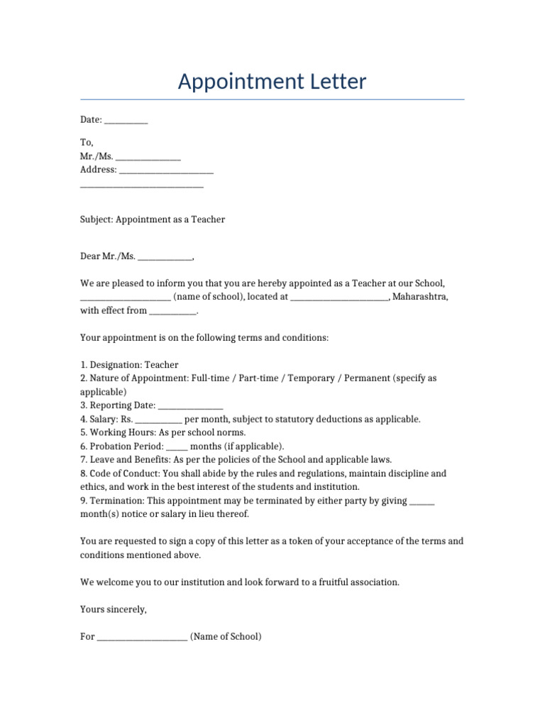 Teacher Appointment Letter Template | PDF
