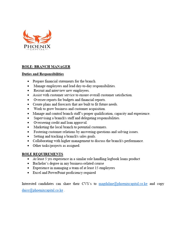 Branch Manager Job Description & Requirements | PDF