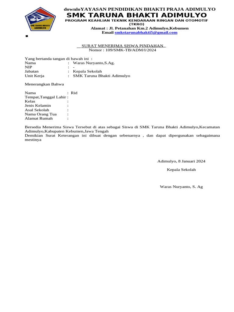 Surat Keterangan Diterima Ridho SUrya | PDF