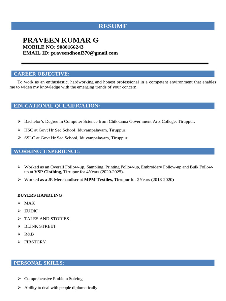 Praveen Kumar Resume | PDF