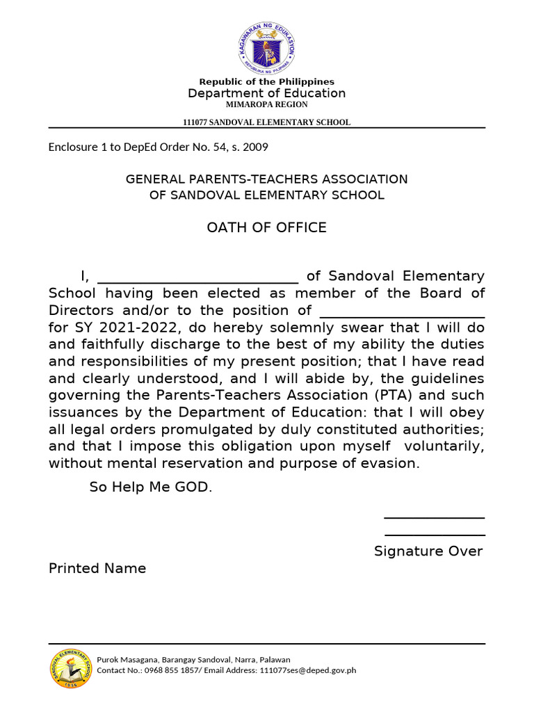 Sandoval Elementary PTA Oath of Office | PDF
