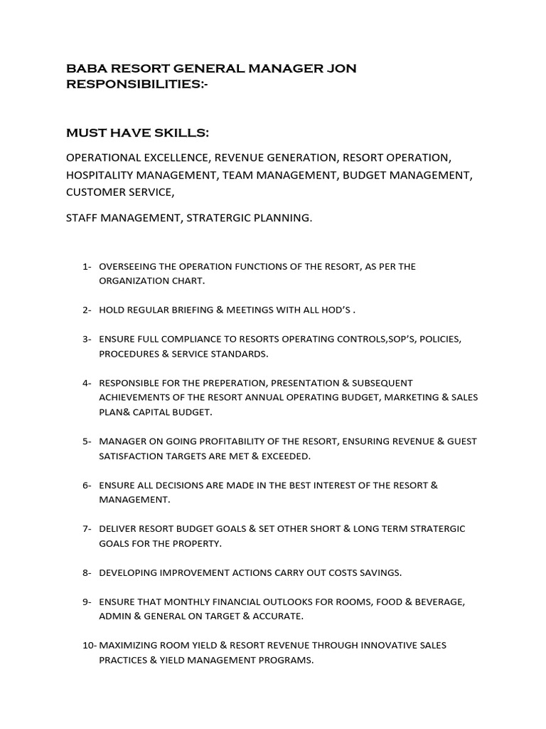 Baba Resort General Manager Job Responsibilities | PDF