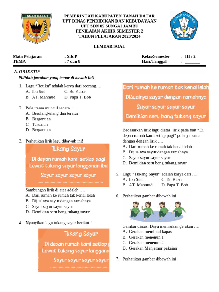 SOAL SBdP PAS KELAS 3 SEMESTER 2 2023-2024 | PDF