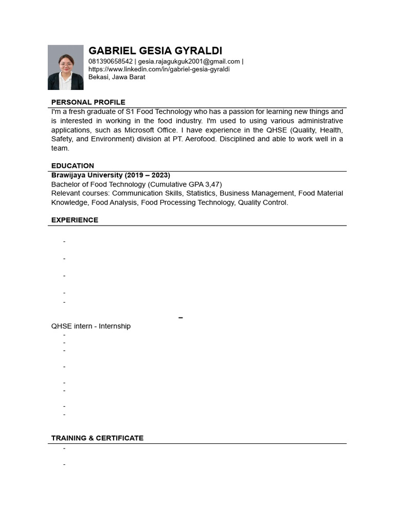 Gabriel Gesia: Food Tech Graduate CV | PDF | Food Science | Food Industry