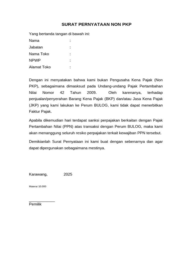 Surat Pernyataan Non PKP untuk PPN | PDF