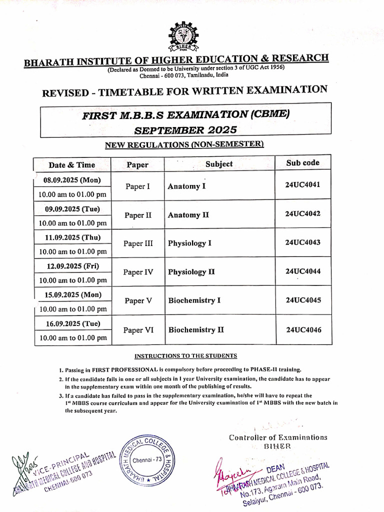MBBS First Year University Examination Schedule - 2024-25 Batch | PDF