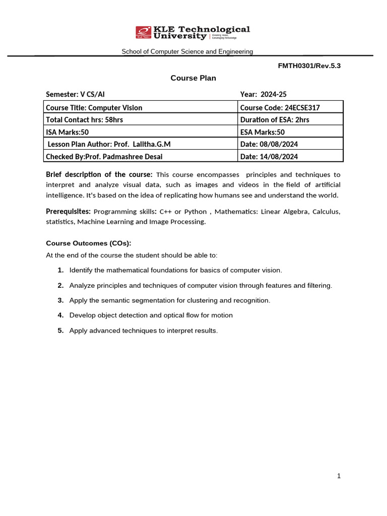 Computer Vision Course Plan 2024-25 | PDF | Image Segmentation ...