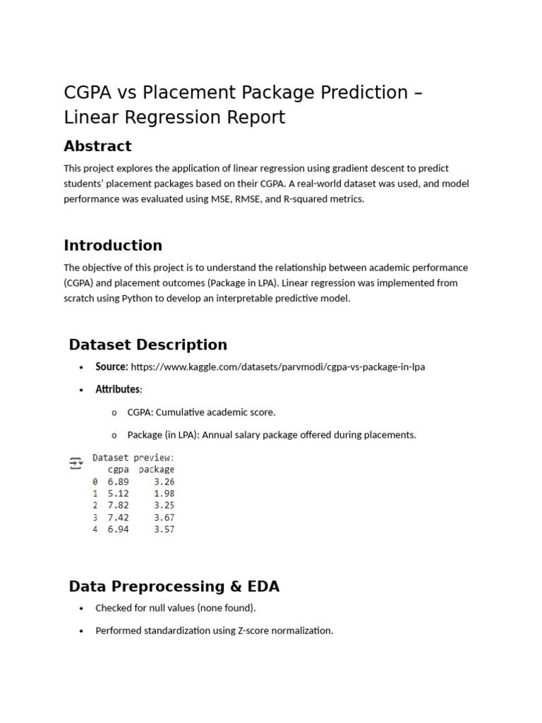 Linear Regression On Placement Dataset Report | PDF