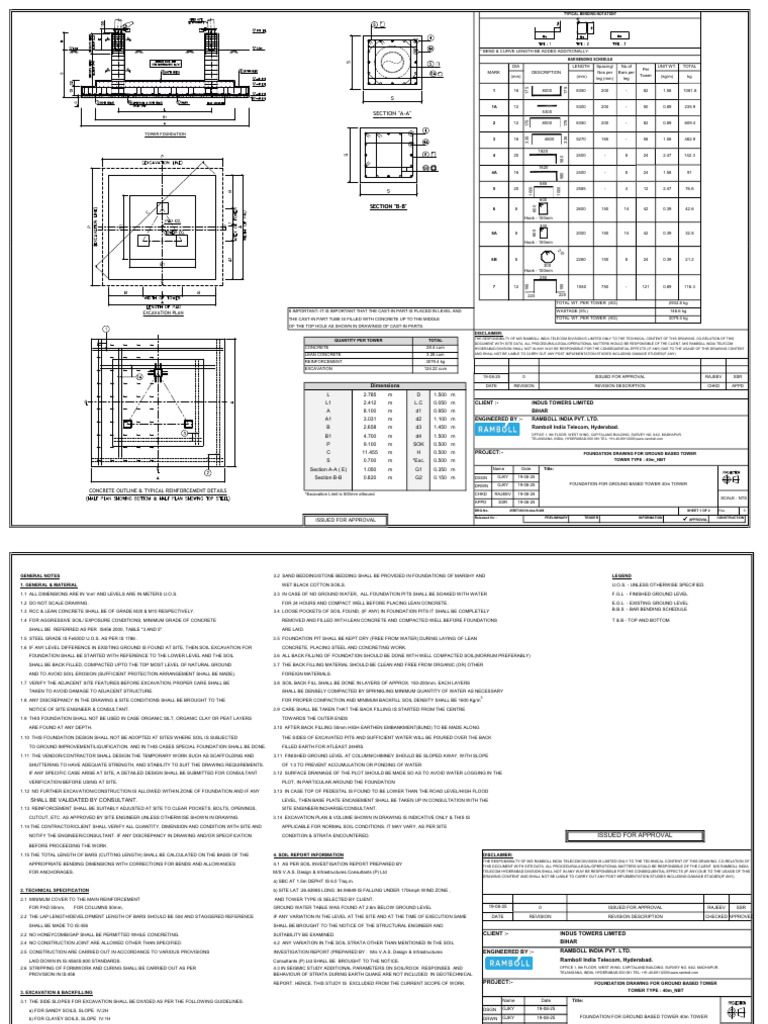 40m Tower Foundation Drawing Details | PDF | Concrete | Soil
