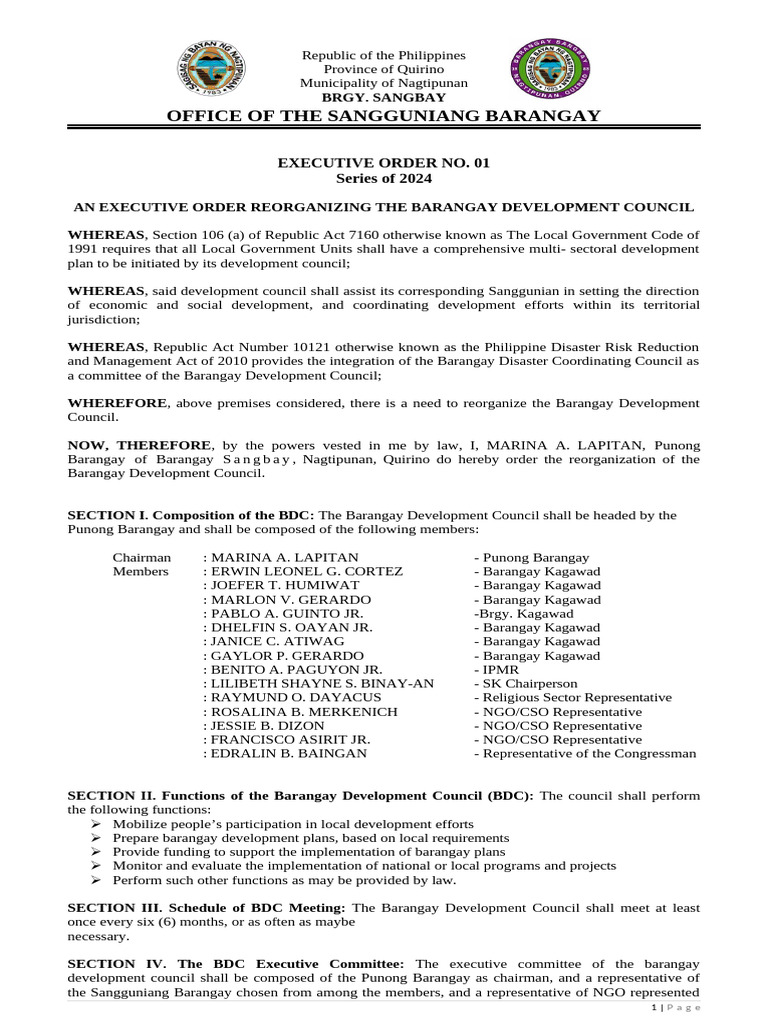 An Executive Order Reorganizing The Barangay Development Council | PDF