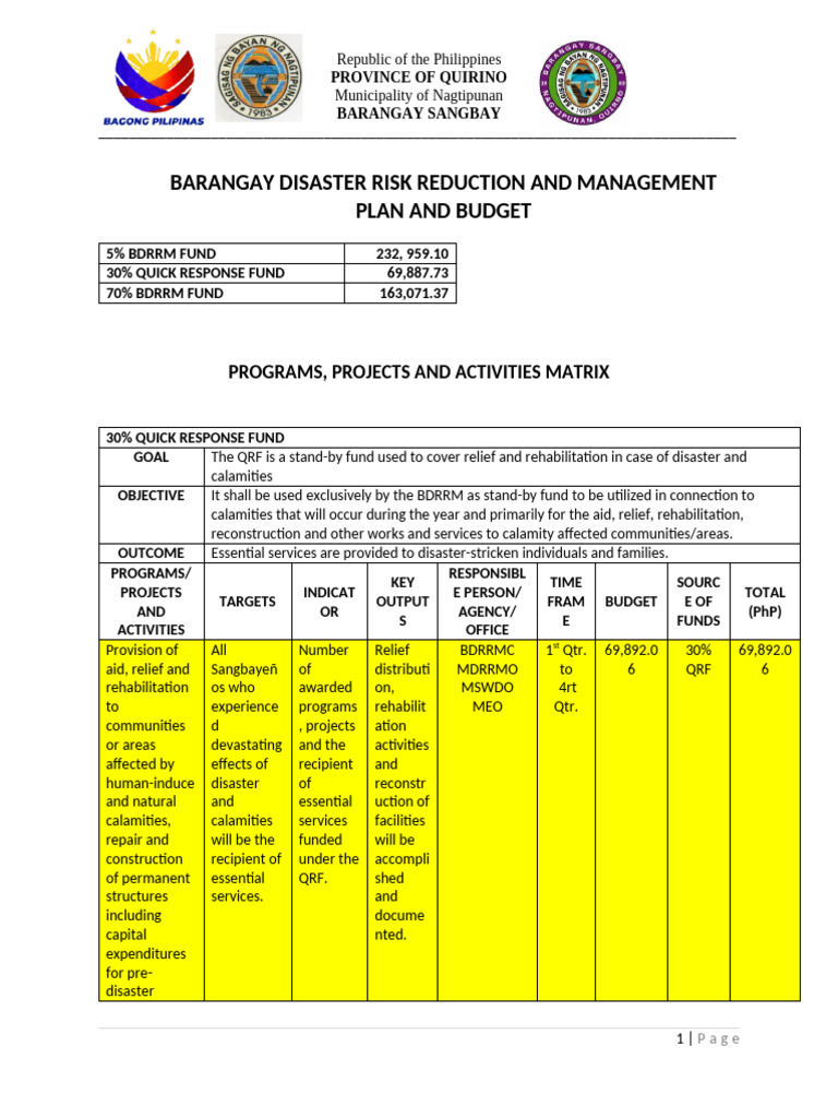Barangay Sangbay DRRM Plan and Budget | PDF | Hazards | Risk