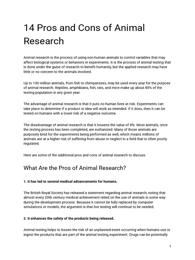 14 Pros and Cons of Animal Research | PDF | Animal Testing | Experiment