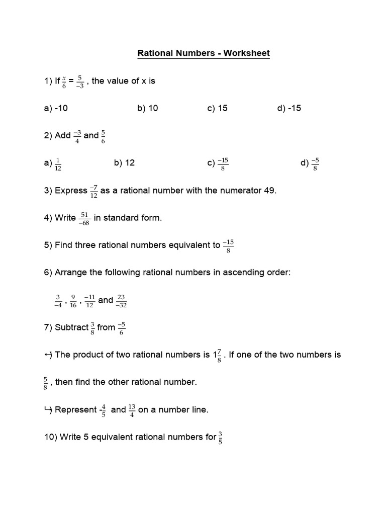 Class 7 Maths - Rational Numbers - Worksheet | PDF | Discrete ...