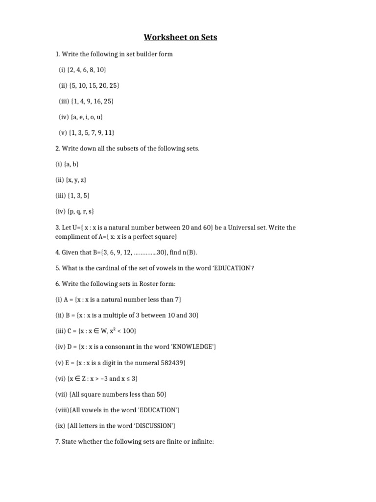 Grade 7 Sets Worksheet with Answers | PDF | Numbers | Natural Number