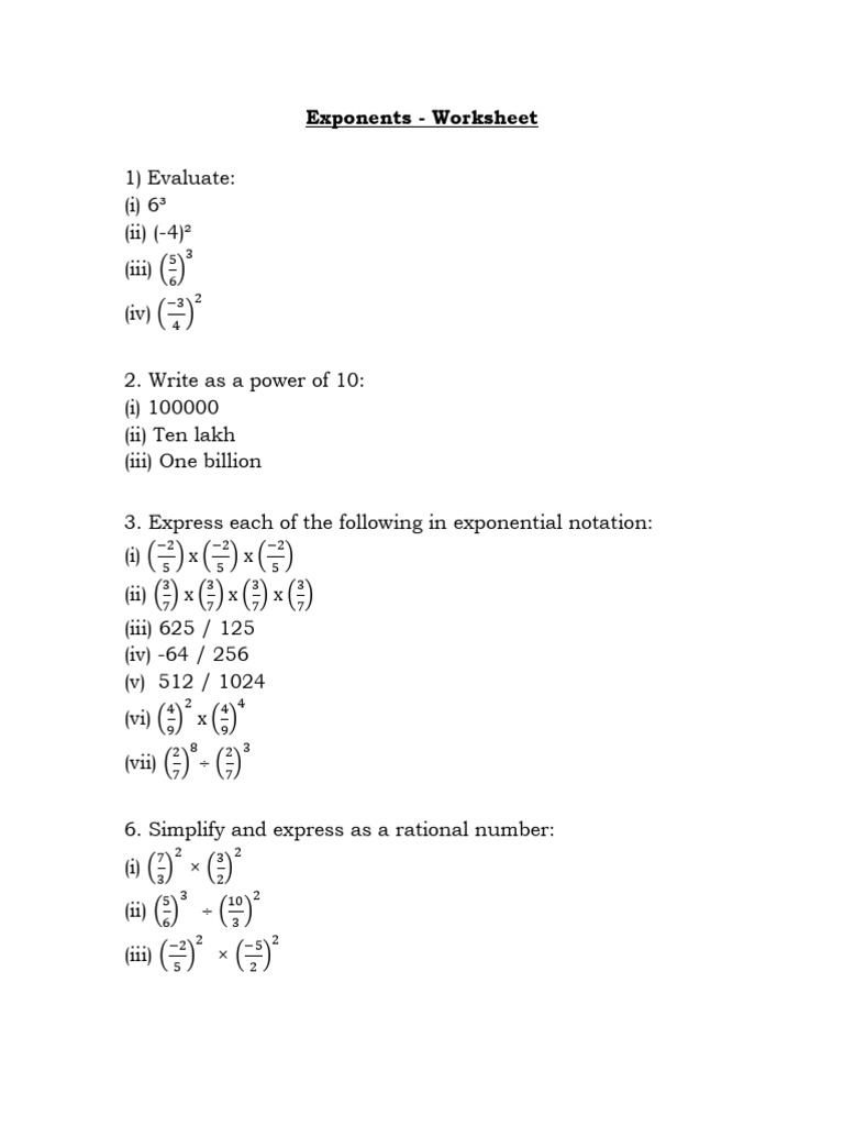 Class 7 Maths - Exponents - Worksheet | PDF