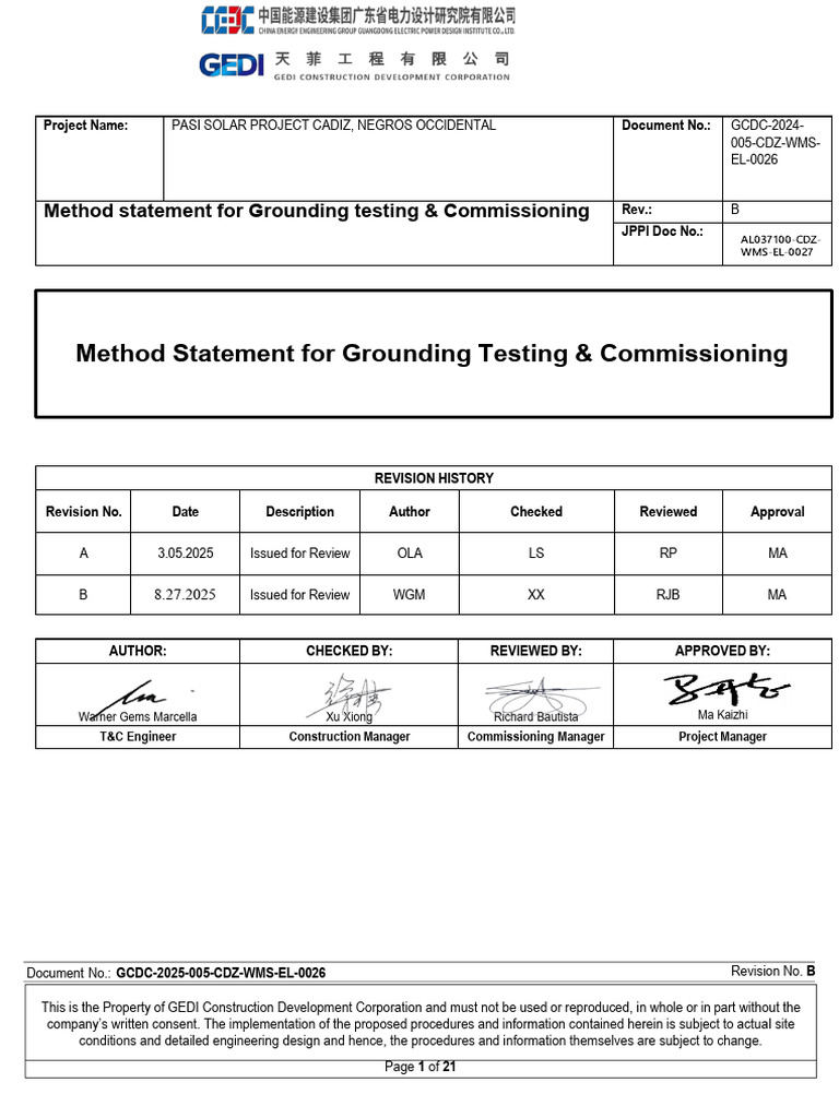 AL037100-CDZ-WMS-EL-0027 - B Method Statement For Grounding Testing ...