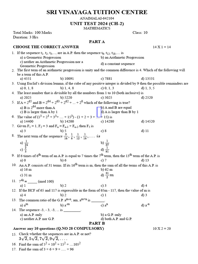 10th Maths Unit Test Question Paper | PDF | Elementary Mathematics ...