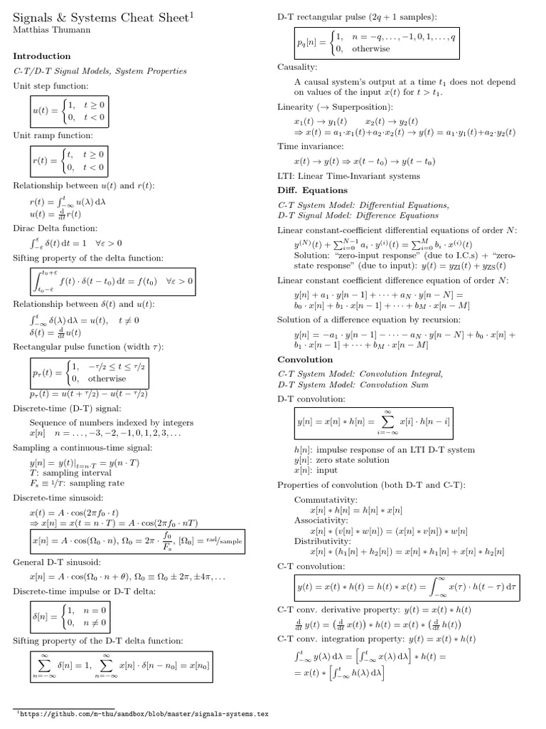 Signals and Systems Cheat Sheet | PDF | Convolution | Computer Engineering