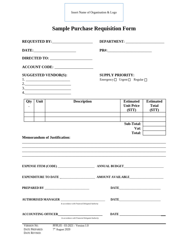Sample Purchase Requisition Form | PDF