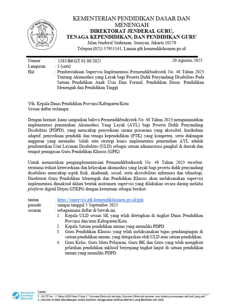 Surat Pemberitahuan Supervisi Implementasi AYL | PDF