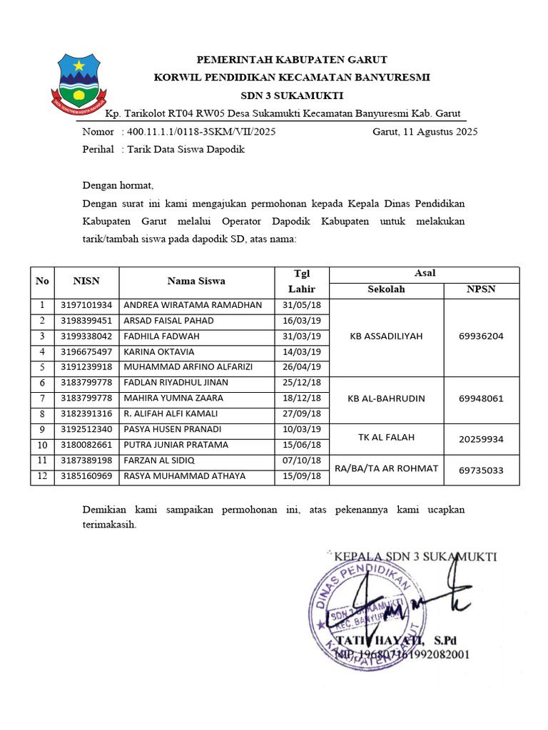 Permohonan Tarik Data Siswa Dapodik | PDF