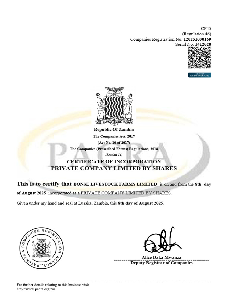 Certificate of Incorporation for Bonse Livestock Farms | PDF | Business