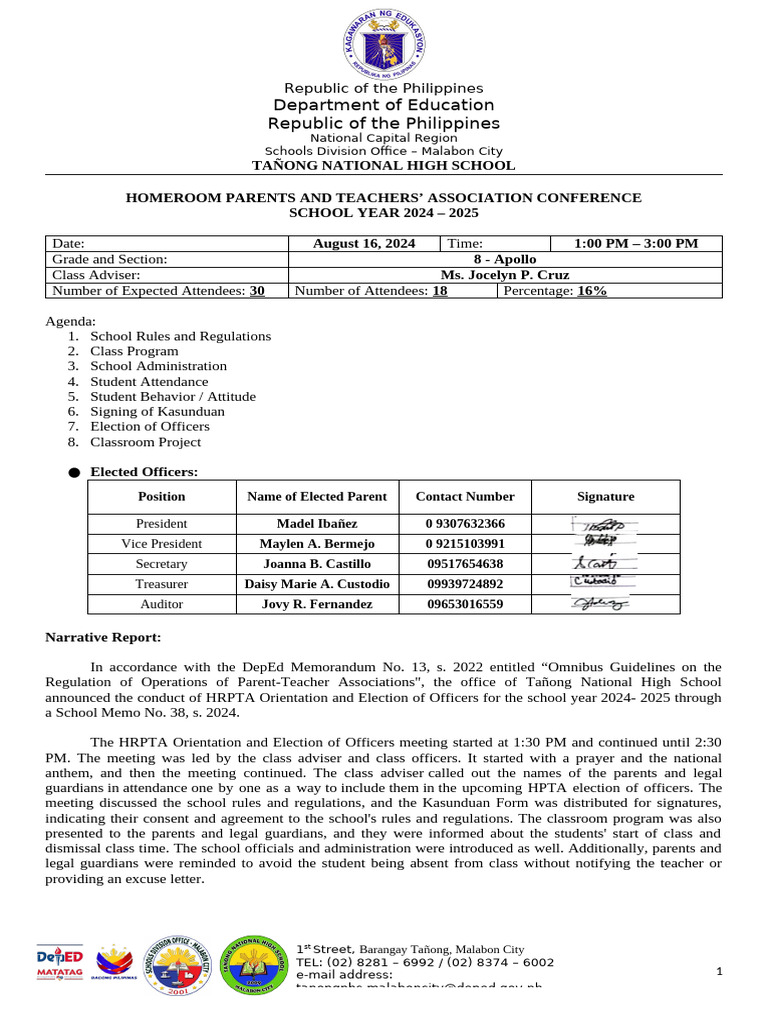 HPTA Narrative Report Election of HRPTA Officers | PDF