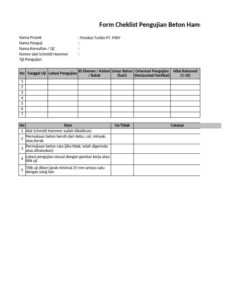 Checklist Pengujian Beton Hammer Test | PDF