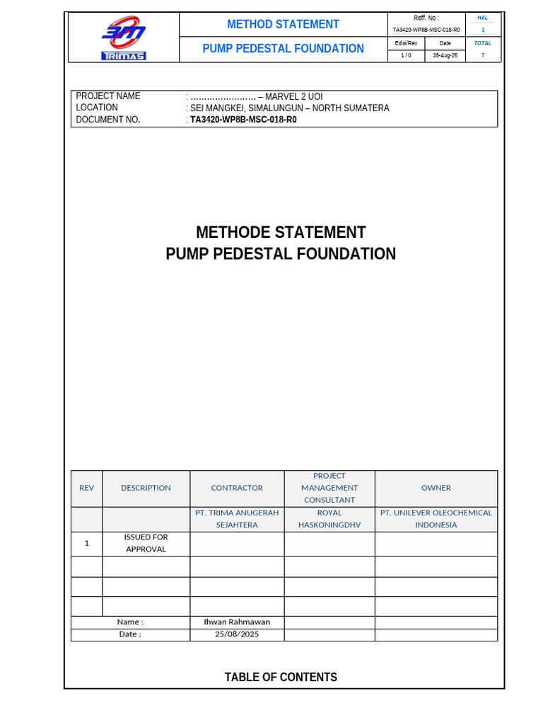 Pump Pedestal Foundation Method Statement | PDF | Concrete