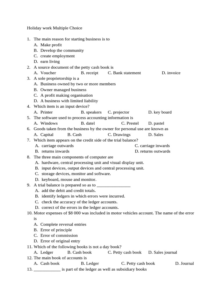 Multiple Choice Paper 1 Form 3 | PDF | Debits And Credits | Bookkeeping